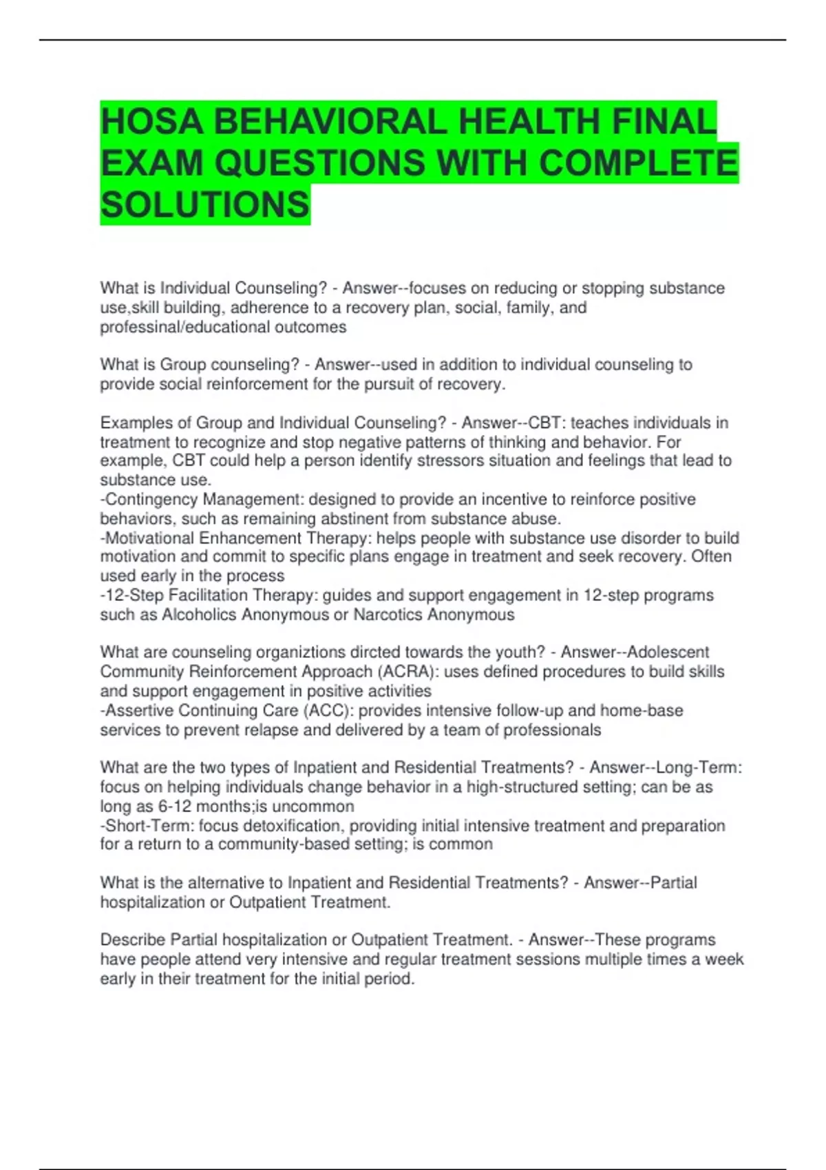 HOSA BEHAVIORAL HEALTH EXAM QUESTIONS AND ANSWERS 2025 EDITION - HOSA ...