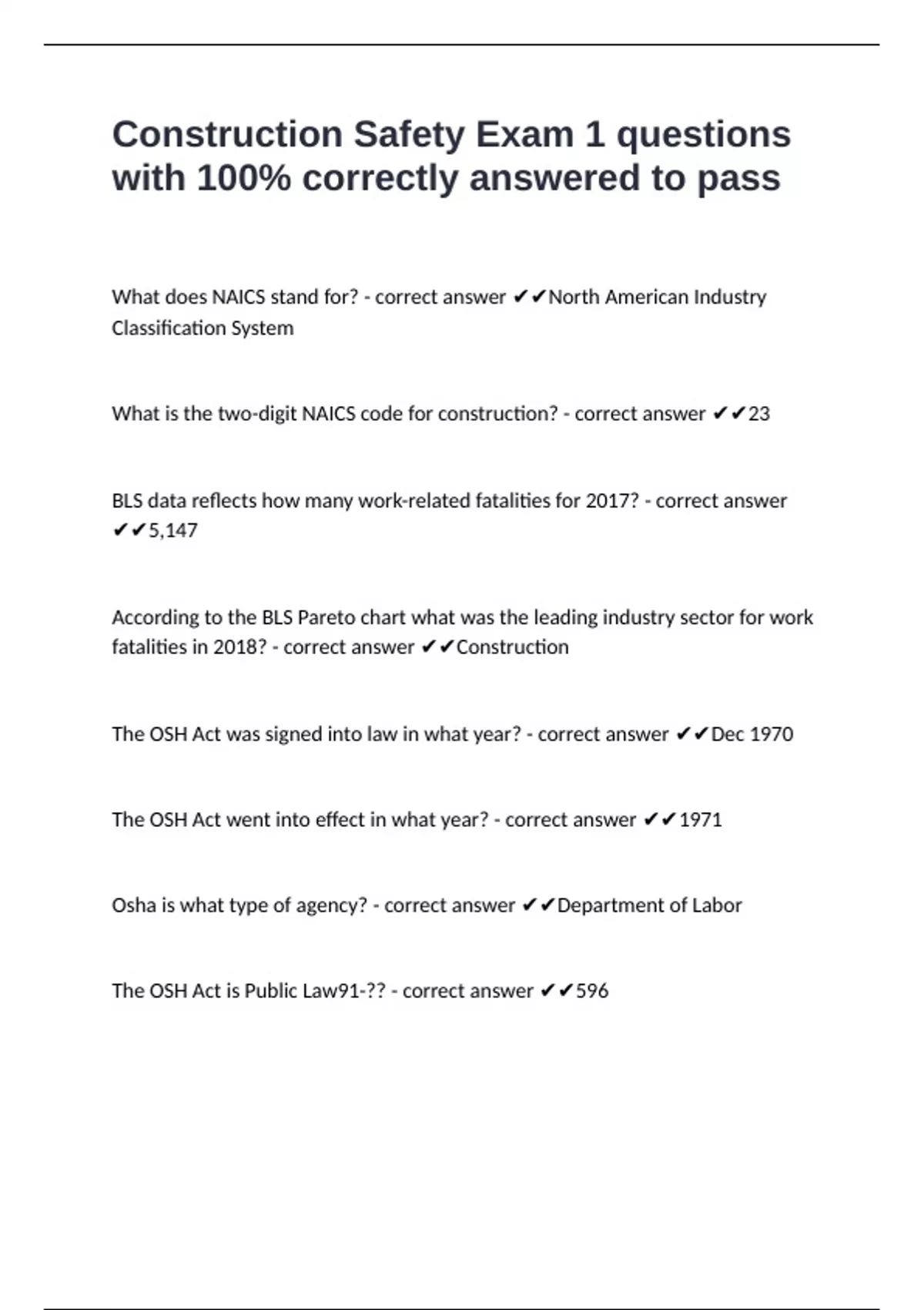 Construction Safety Exam 1 questions with 100% correctly answered to ...
