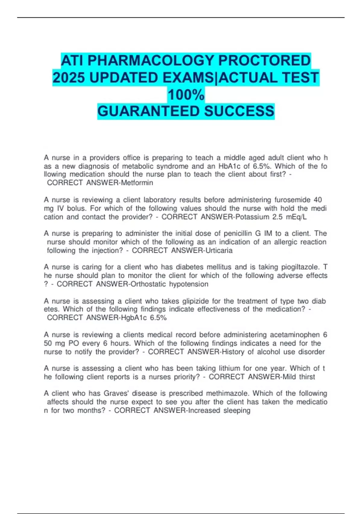 ATI PHARMACOLOGY PROCTORED 2025 UPDATED EXAMS|ACTUAL TEST 100% ...