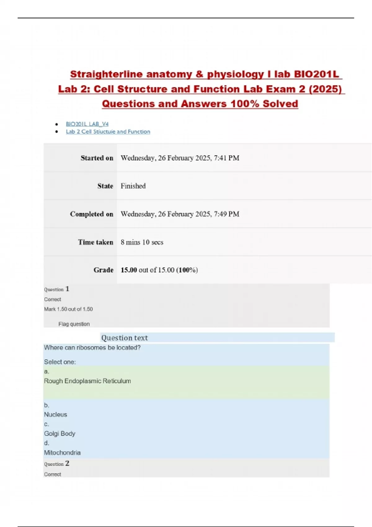 Straighterline anatomy & physiology I lab BIO201L Lab 2: Cell Structure and Function Lab Exam 2 ...