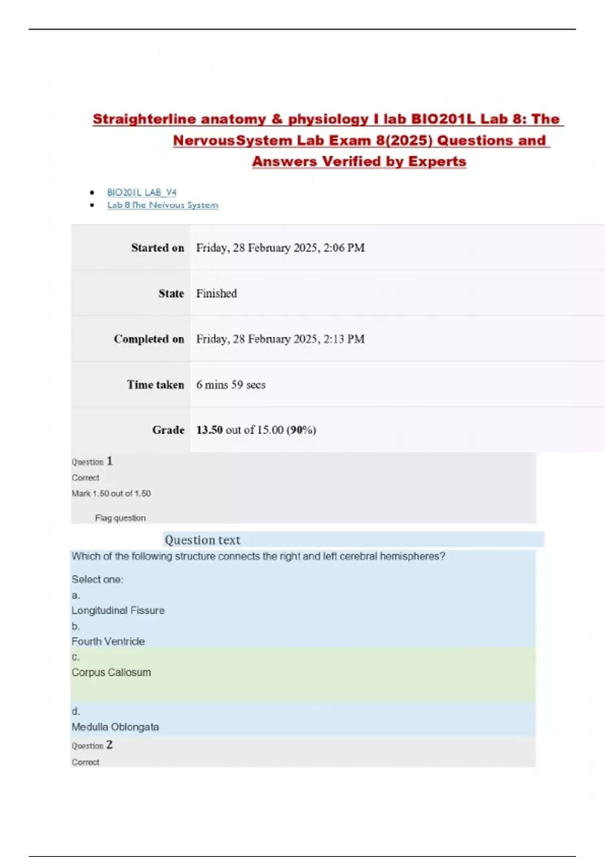 Straighterline anatomy & physiology I lab BIO201L Lab 8: The Nervous ...