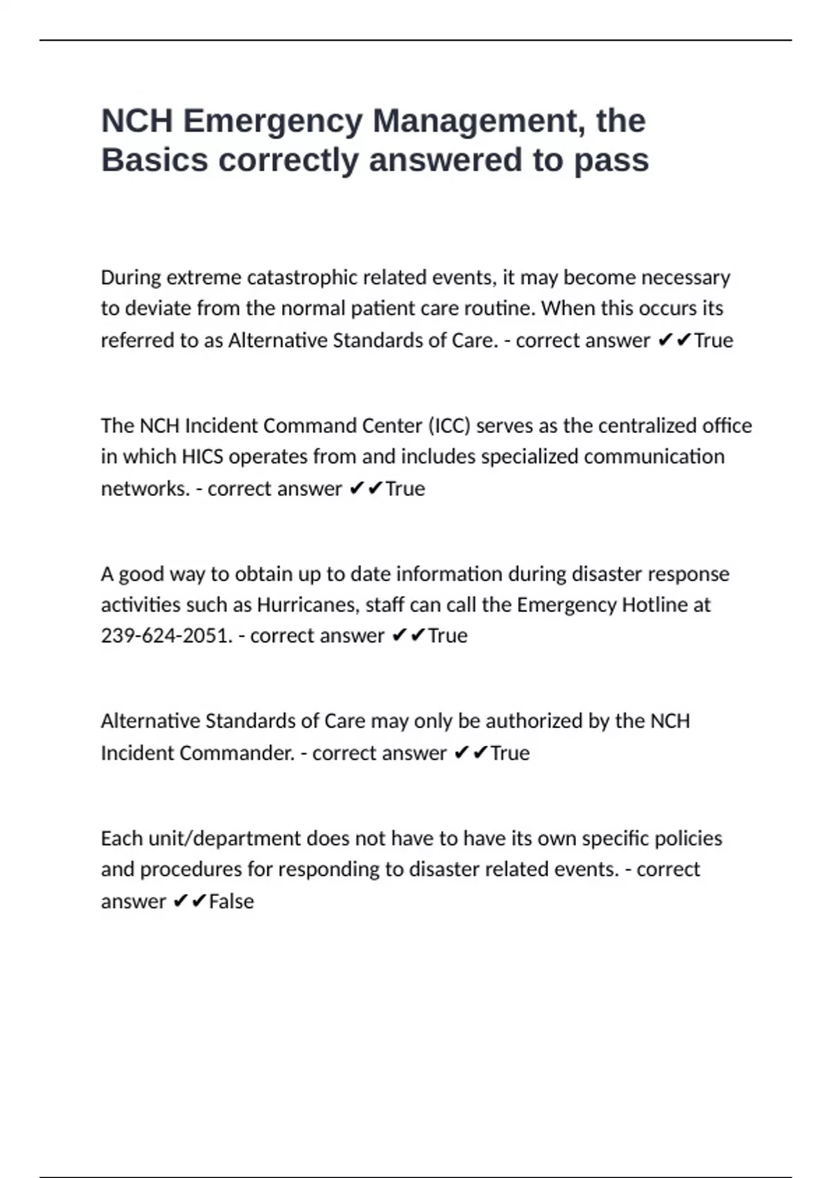 NCH Emergency Management, the Basics correctly answered to pass - NCH ...