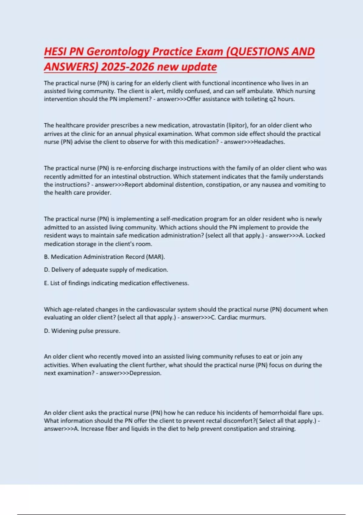 HESI PN Gerontology Practice Exam (QUESTIONS AND ANSWERS) new update ...