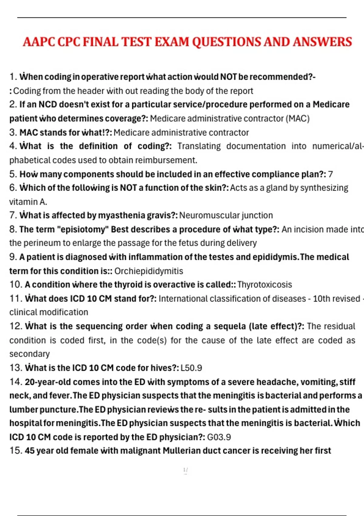 AAPC CPC FINAL TEST EXAM QUESTIONS AND ANSWERS - AAPC CPC - Stuvia US