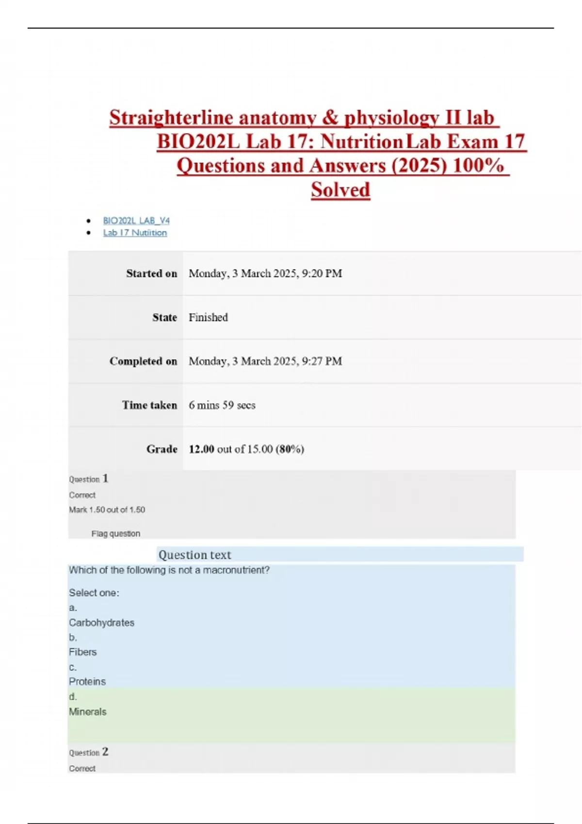 Straighterline anatomy & physiology II lab BIO202L Lab 17: Nutrition ...