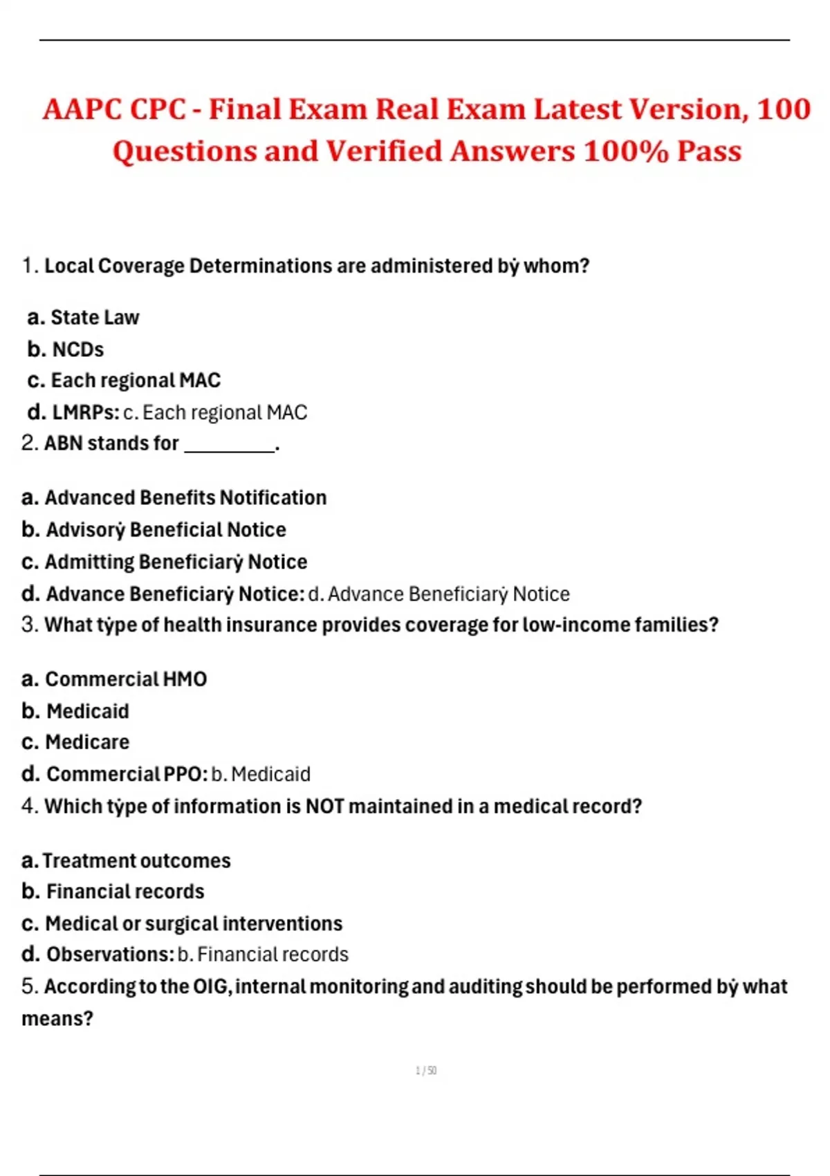 Aapc Cpc Final Exam Real Exam Latest Version 100 Questions And