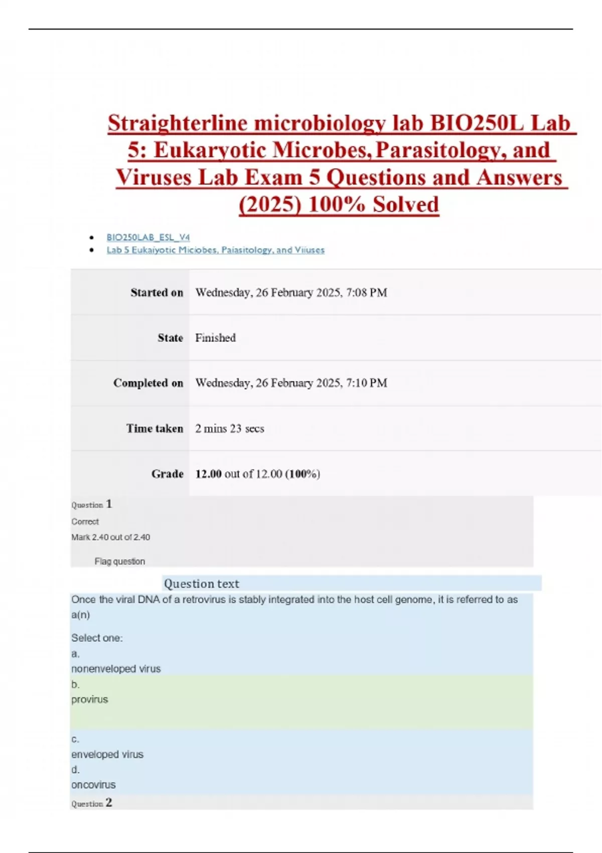Straighterline microbiology lab BIO250L Lab 5: Eukaryotic Microbes, Parasitology, and Viruses ...