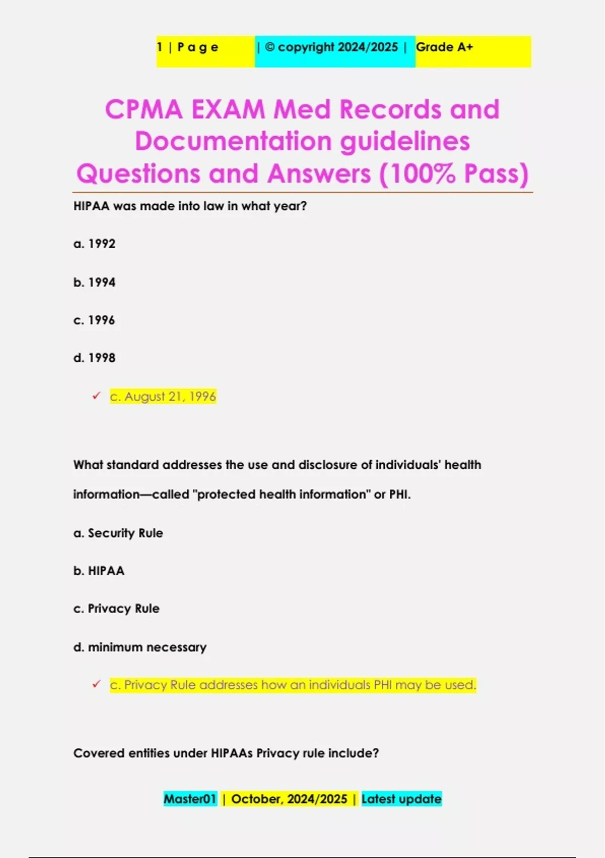 CPMA EXAM Med Records and Documentation guidelines Questions and ...