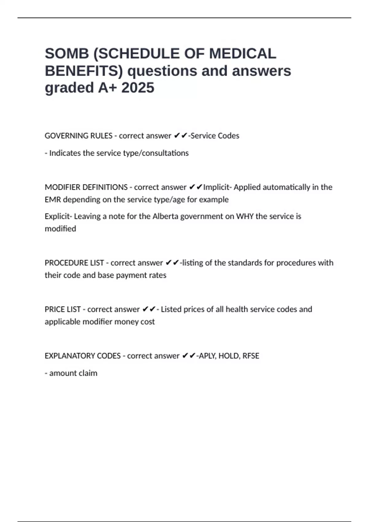 SOMB (SCHEDULE OF MEDICAL BENEFITS) questions and answers graded A+ ...