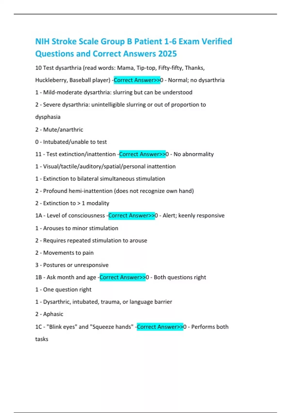 NIH Stroke Scale Group B Patient 1-6 Exam Verified Questions and ...
