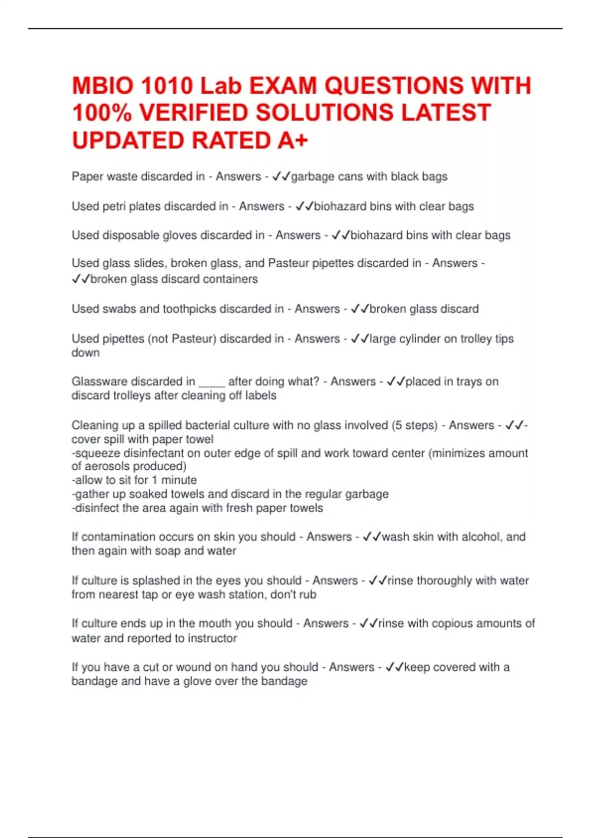 MBIO 1010 Lab EXAM QUESTIONS WITH 100% VERIFIED SOLUTIONS LATEST ...