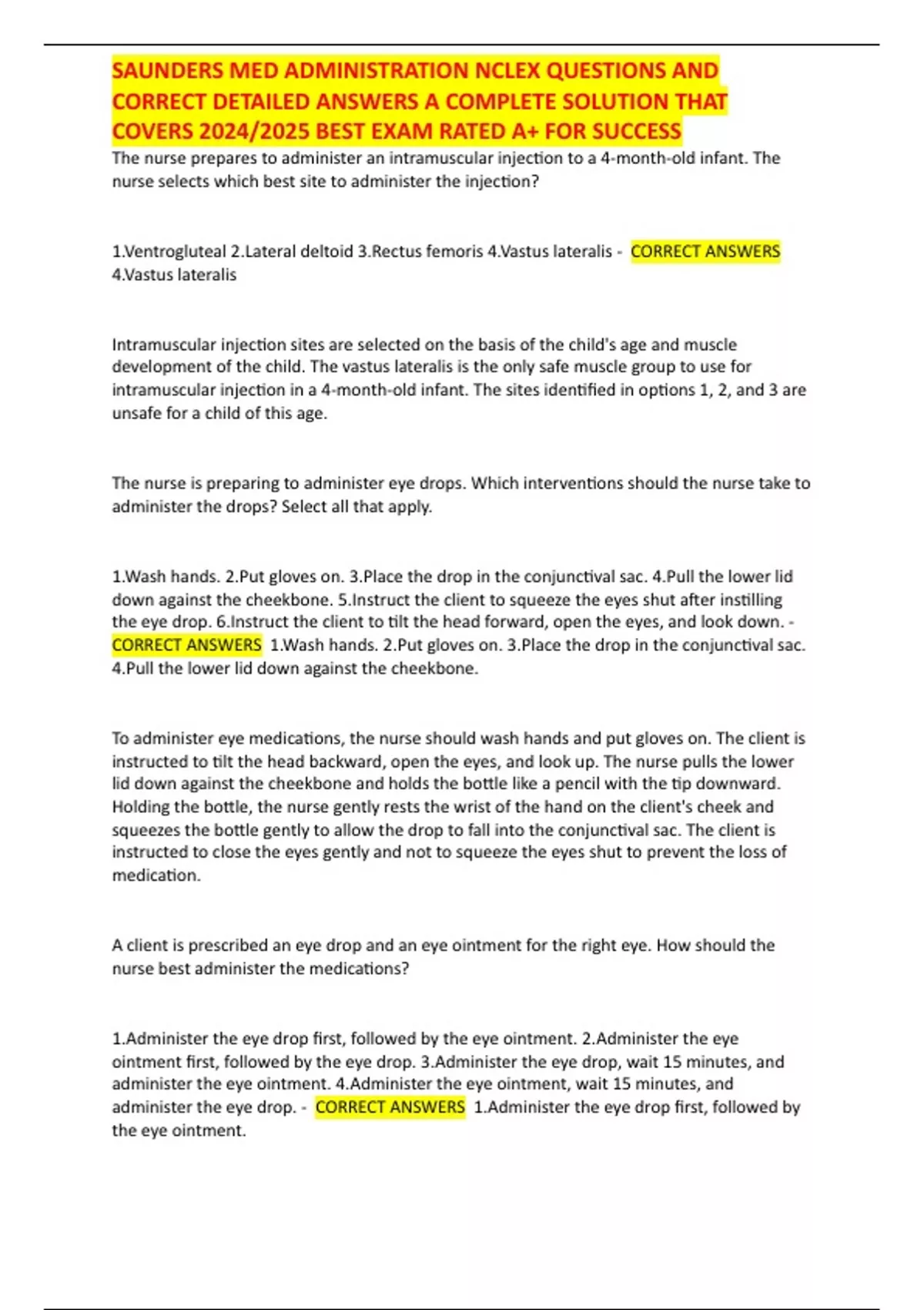 SAUNDERS MED ADMINISTRATION NCLEX QUESTIONS AND CORRECT DETAILED ANSWERS A COMPLETE SOLUTION ...