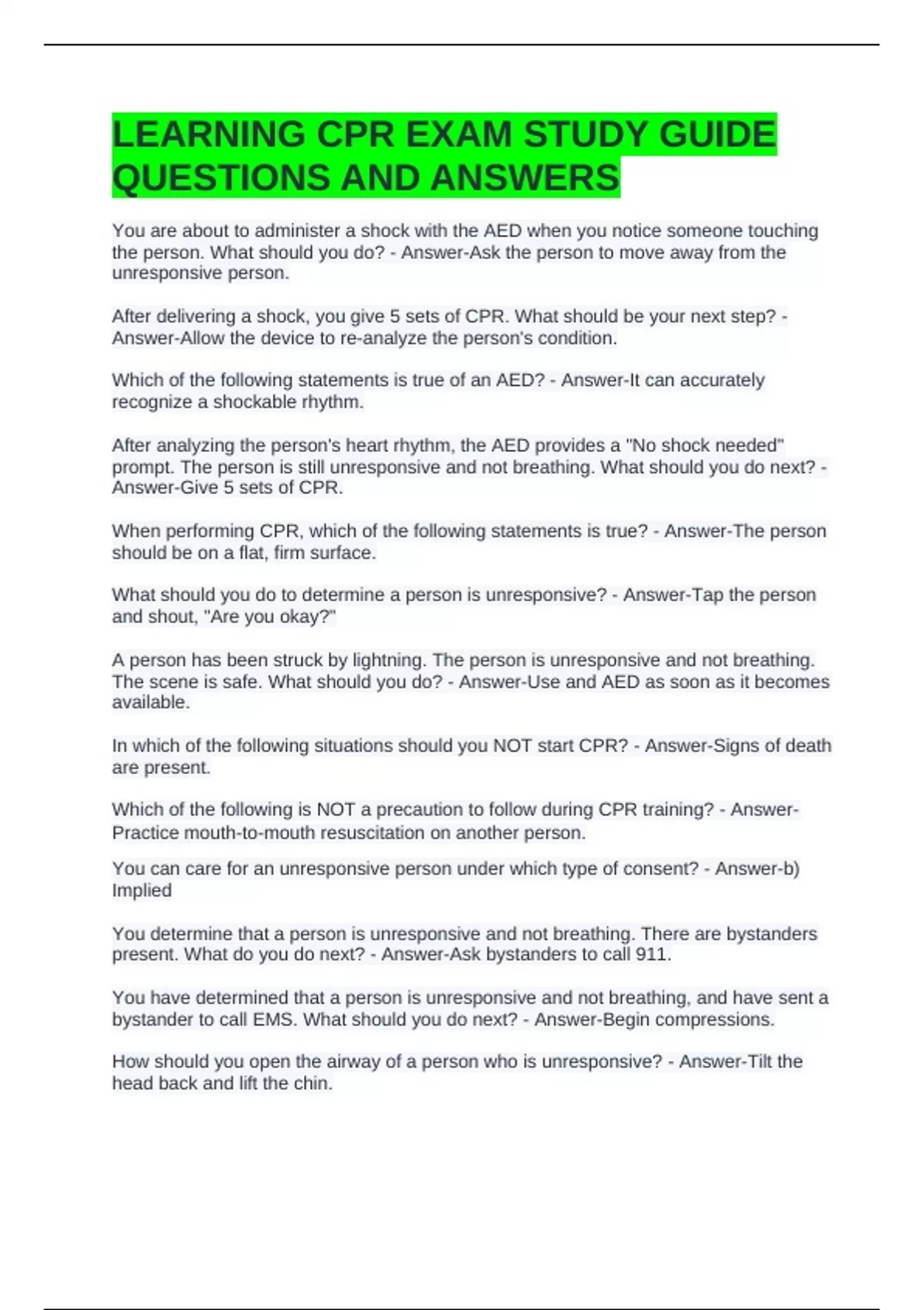 LEARNING CPR EXAM STUDY GUIDE QUESTIONS AND ANSWERS - CPR - Stuvia US