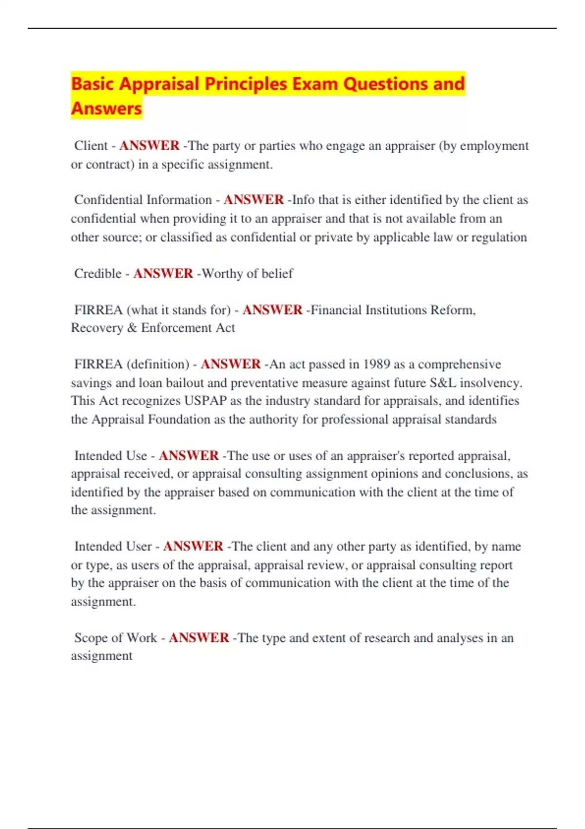 Basic Appraisal Principles Exam Questions and Answers - Basic Appraisal ...