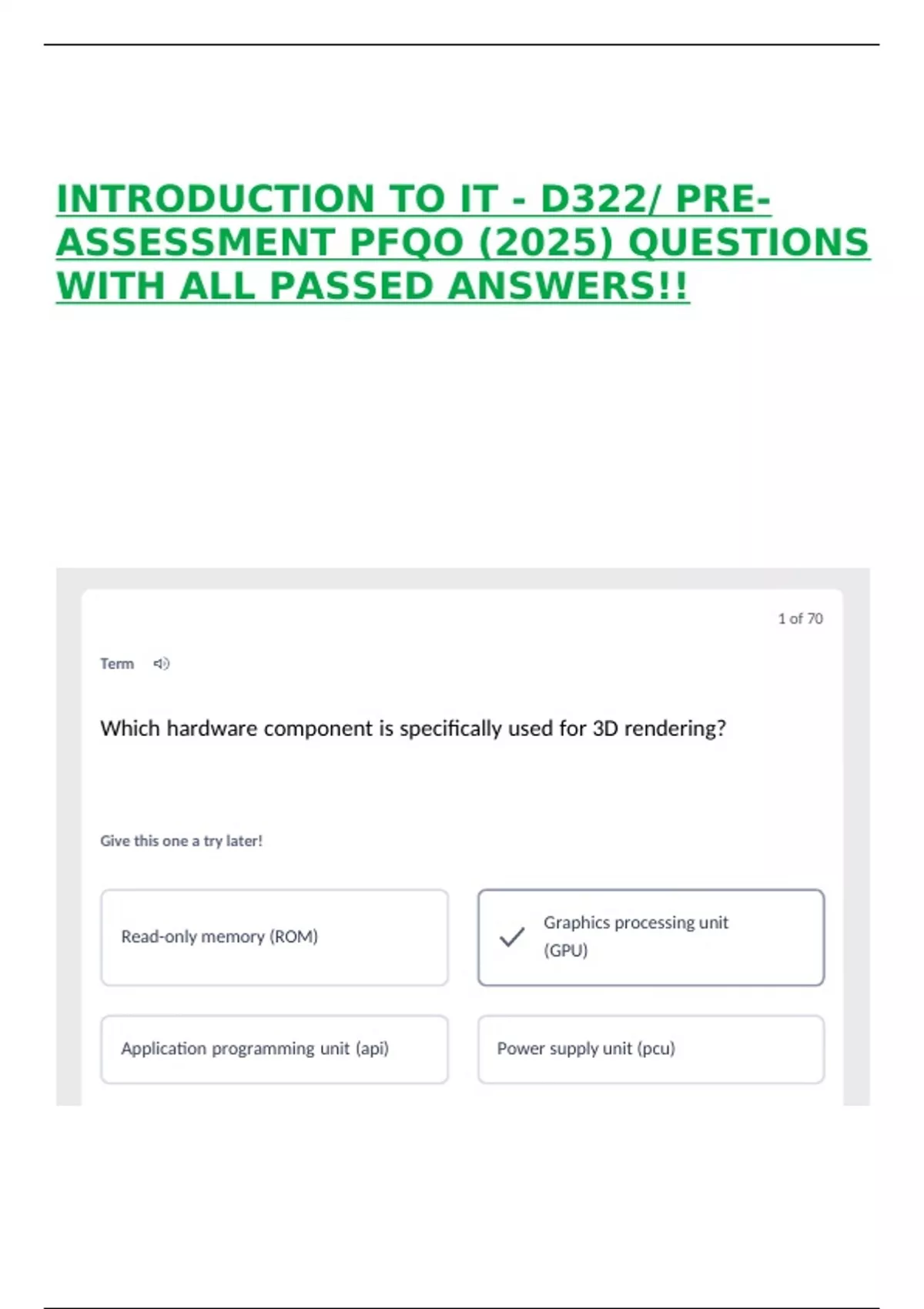 INTRODUCTION TO IT - D322/ PRE-ASSESSMENT PFQO (2025) QUESTIONS WITH ...
