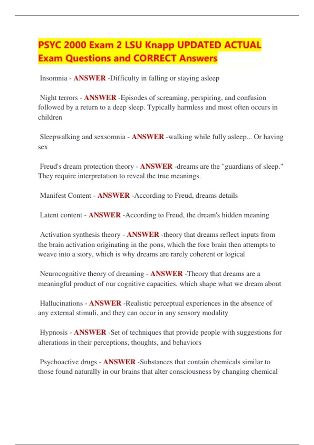 PSYC 2000 Exam 2 LSU Knapp UPDATED ACTUAL Exam Questions and CORRECT ...