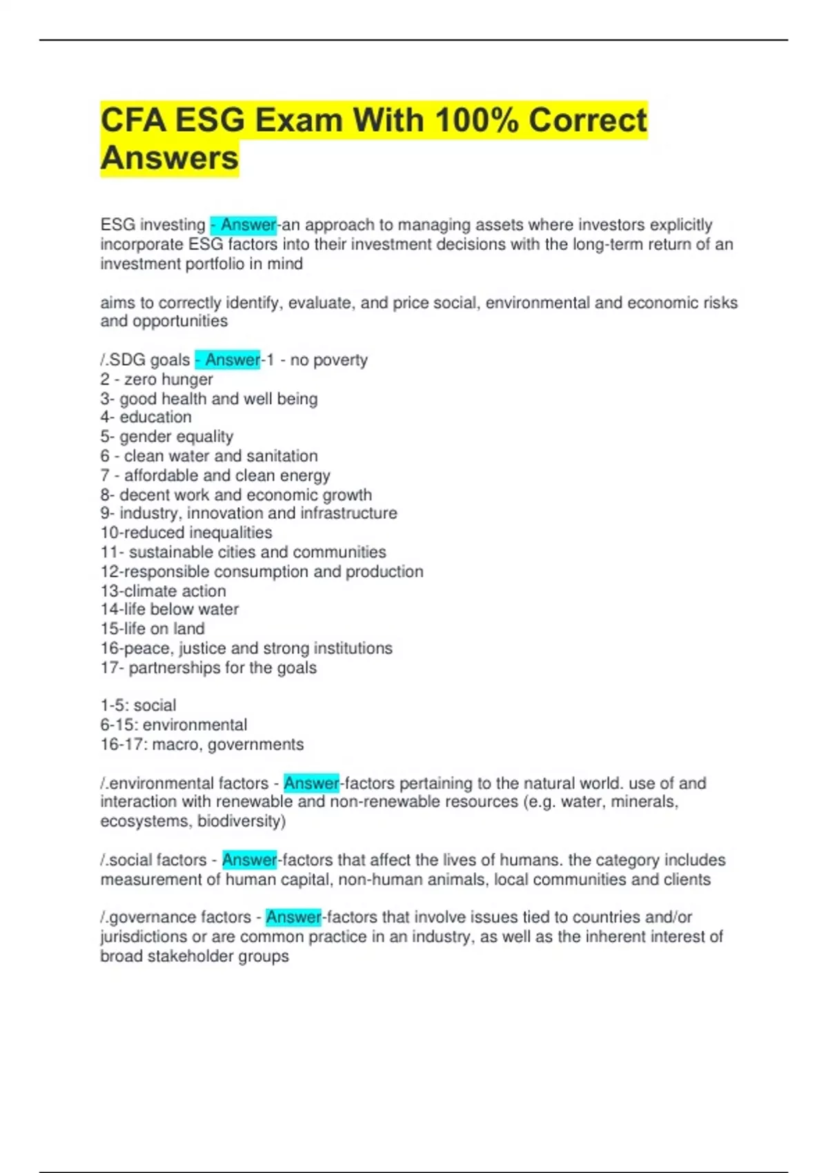 CFA ESG Exam With 100% Correct Answers - CFA ESG - Stuvia US