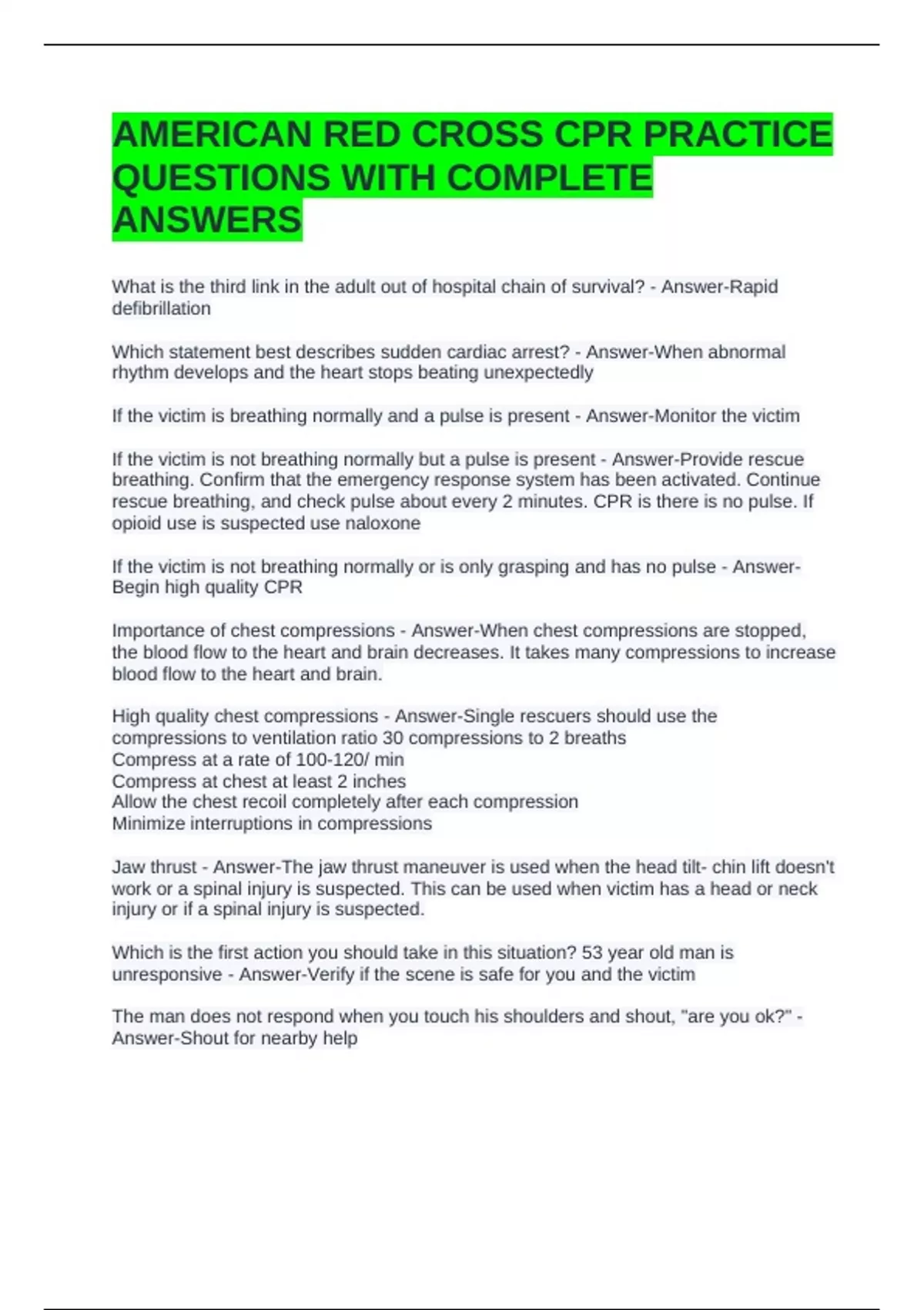 AMERICAN RED CROSS CPR PRACTICE QUESTIONS WITH COMPLETE ANSWERS - CPR ...