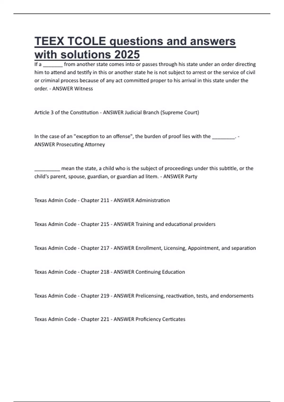 TEEX TCOLE questions and answers with solutions 2025 - TEEX - Stuvia US