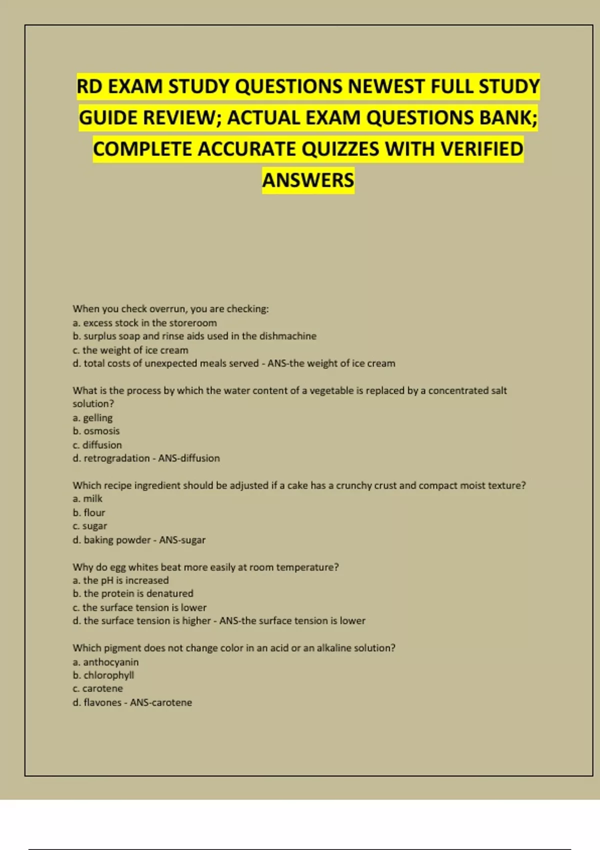 RD EXAM STUDY QUESTIONS NEWEST FULL STUDY GUIDE REVIEW; ACTUAL EXAM ...