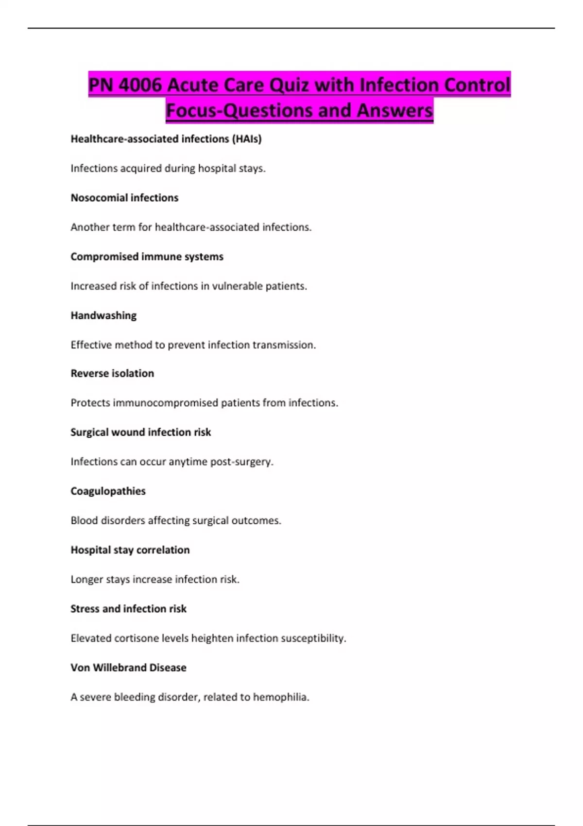 PN 4006 Acute Care Quiz with Infection Control Focus-Questions and ...