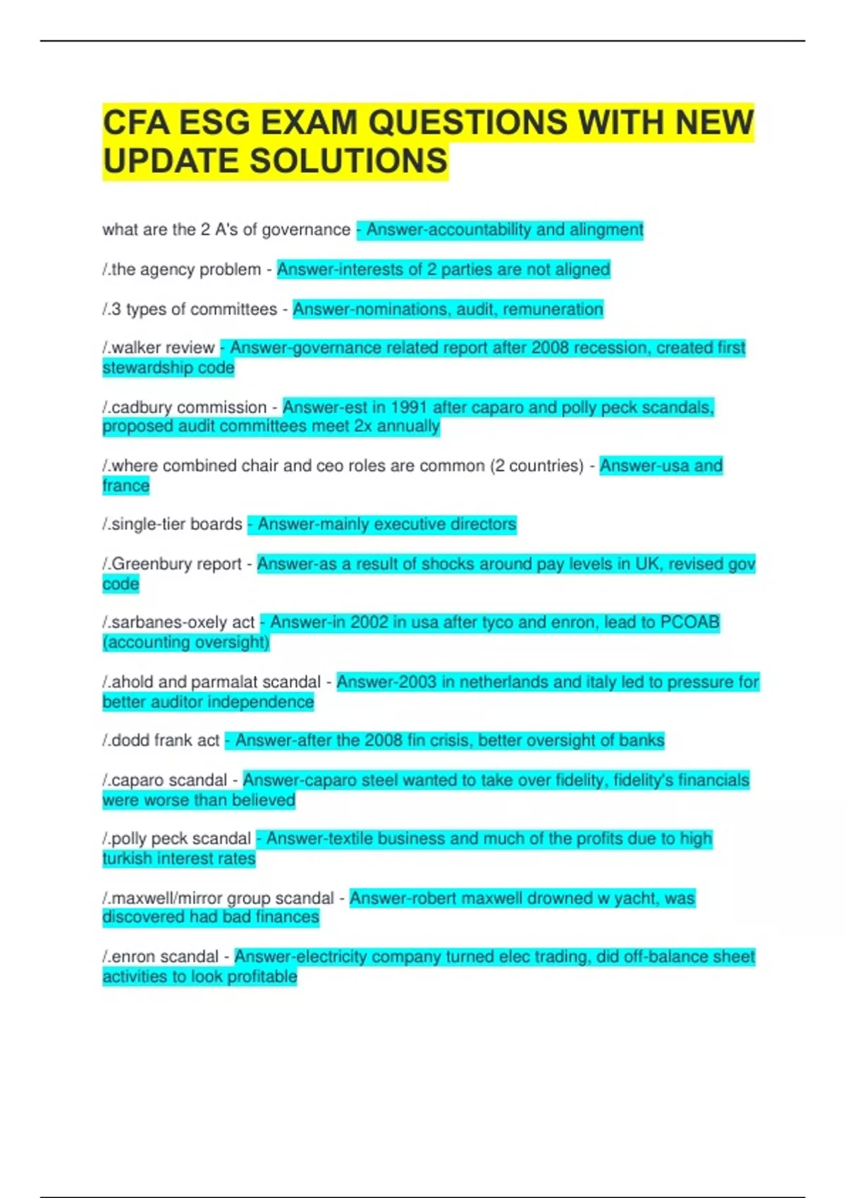 CFA ESG EXAM QUESTIONS WITH NEW UPDATE SOLUTIONS - CFA ESG - Stuvia US