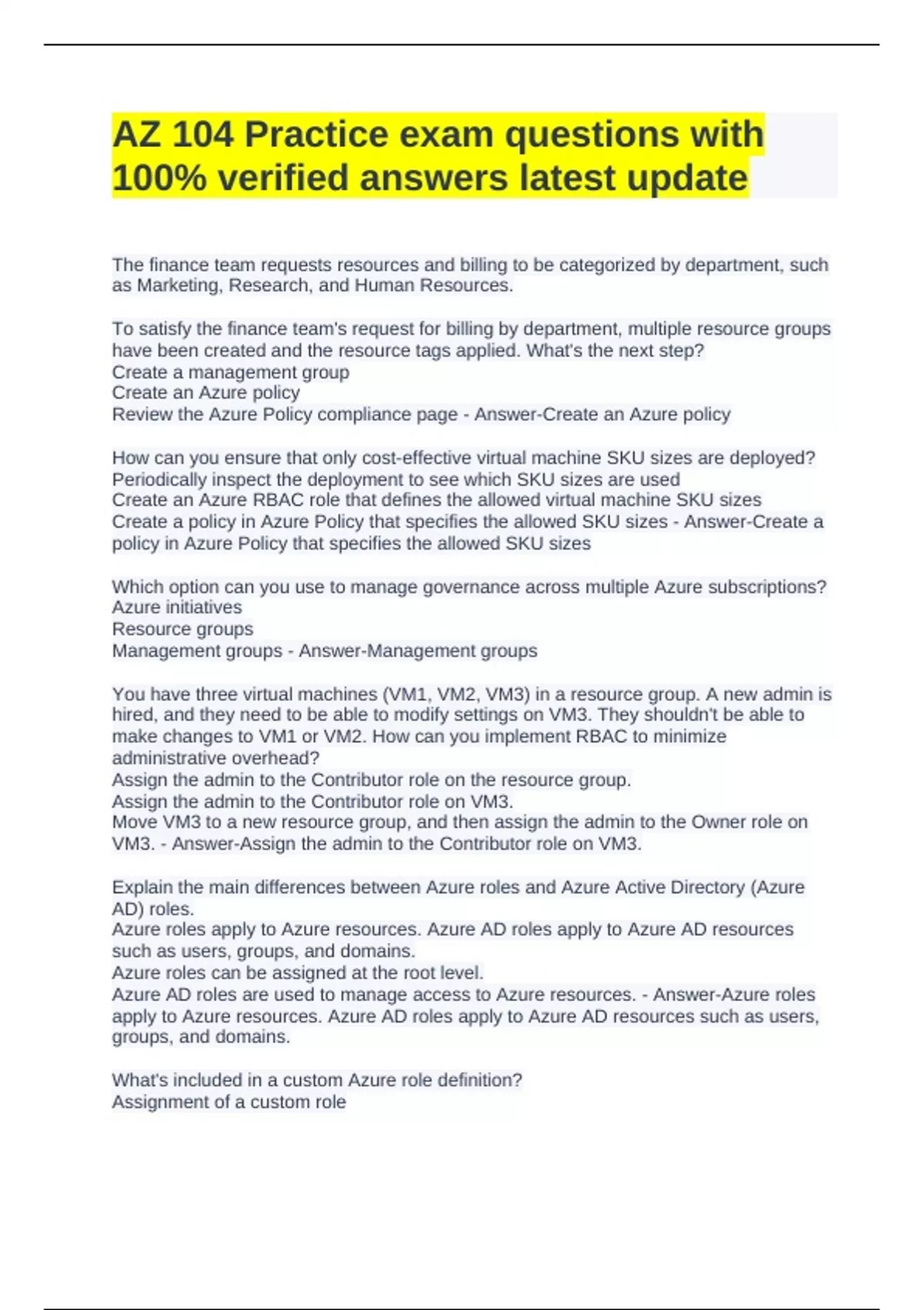 AZ 104 Practice exam questions with 100% verified answers latest update ...