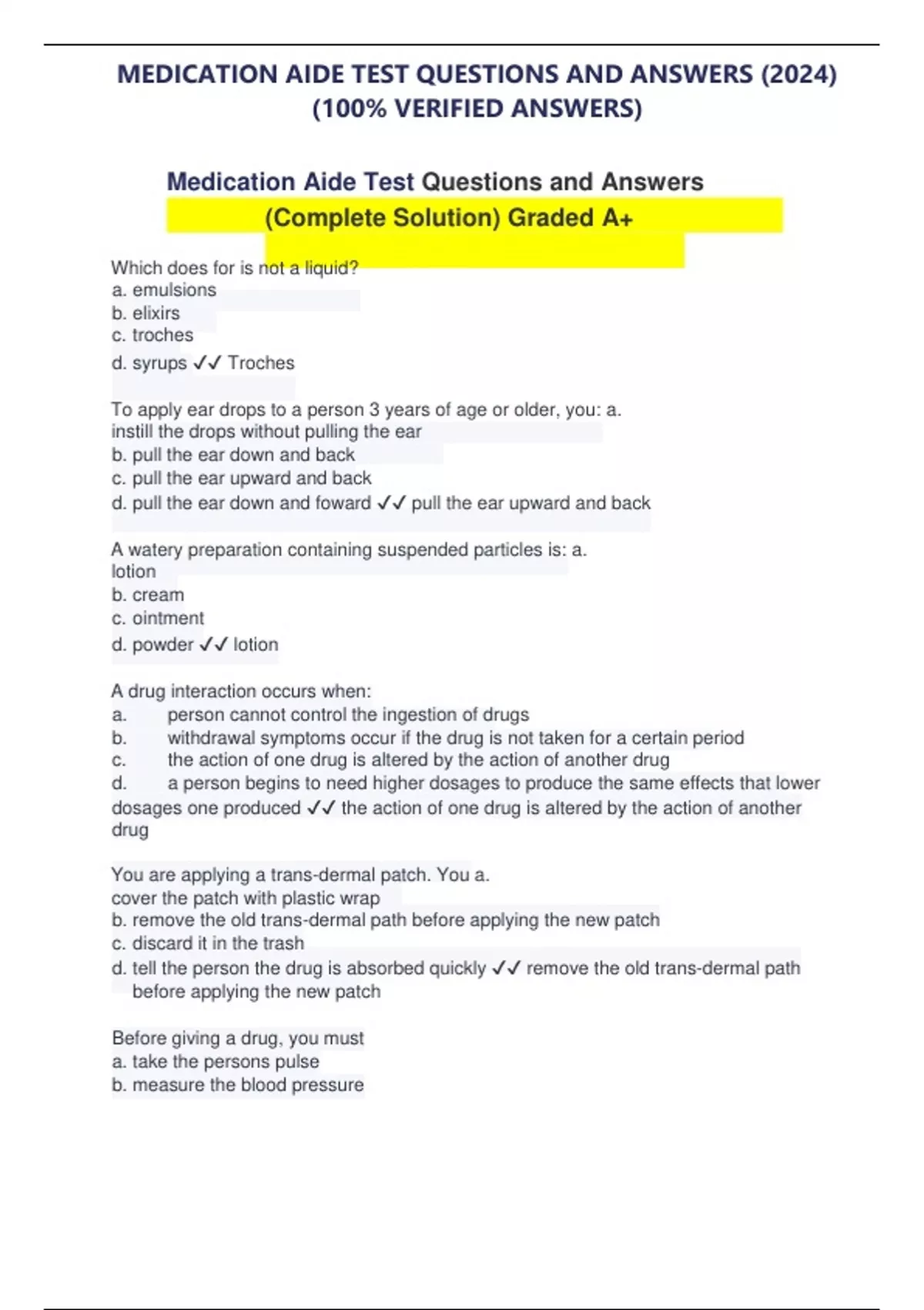 MEDICATION AIDE TEST QUESTIONS AND ANSWERS (2024/2025) | (100% VERIFIED ...