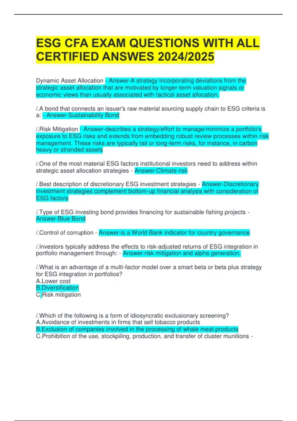 ESG CFA EXAM QUESTIONS WITH ALL CERTIFIED ANSWERS 2024/2025 - ESG CFA - Stuvia US