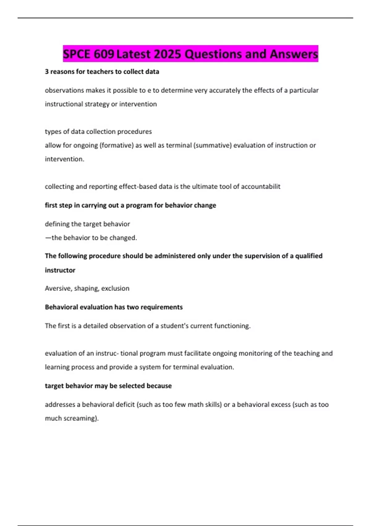 SPCE 609 Latest 2025 Questions and Answers - SPCE 609 - Stuvia US