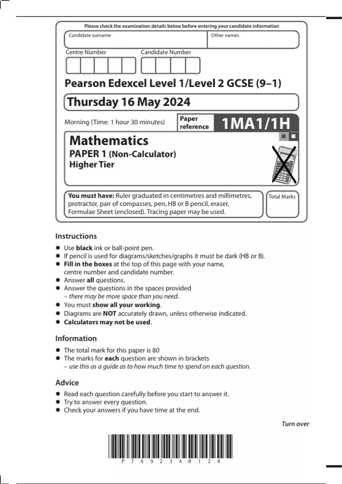 1MA1/1H Mathematics Edexcel GCSE 2024 May Paper 1 Higher - Maths ...
