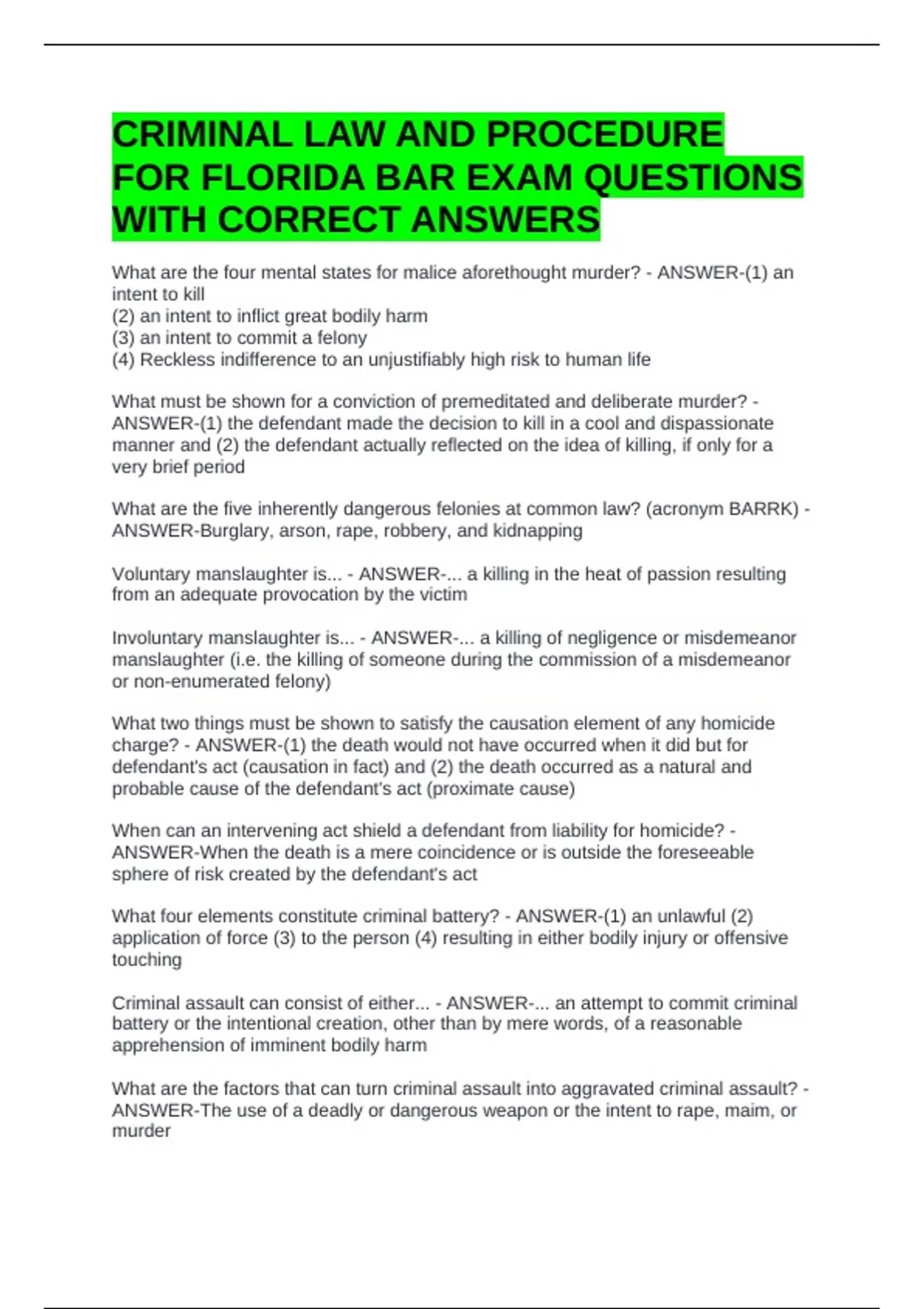CRIMINAL LAW AND PROCEDURE FOR FLORIDA BAR EXAM QUESTIONS WITH CORRECT ...