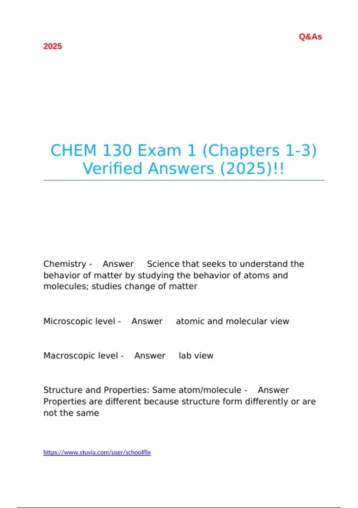 CHEM 130 Exam 1 (Chapters 1-3) Verified Answers (2025)!! - CHEM 130 ...