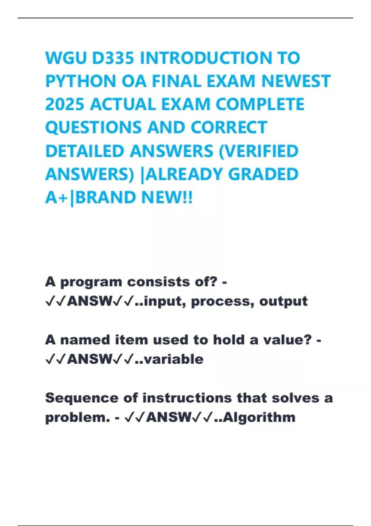 WGU D335 INTRODUCTION TO PYTHON OA FINAL EXAM NEWEST 2025 ACTUAL EXAM COMPLETE QUESTIONS AND ...