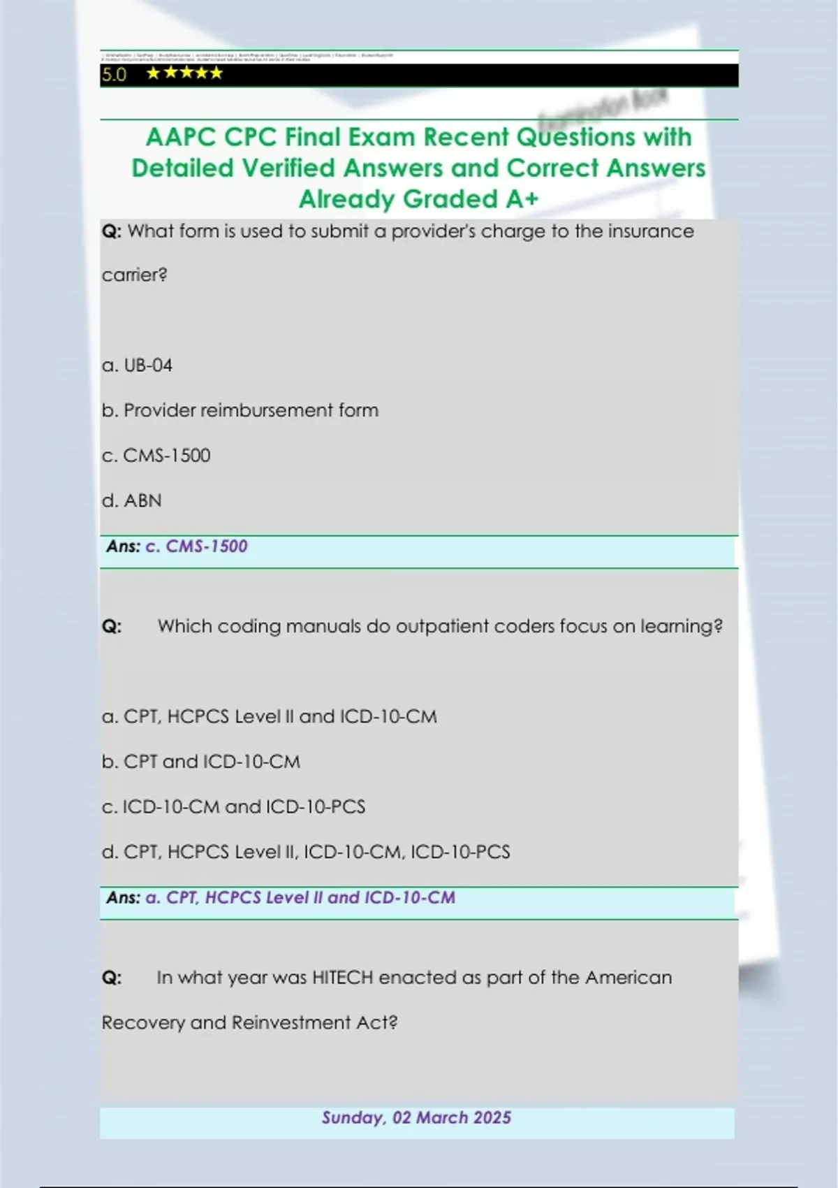 AAPC CPC FINAL Recent Questions with Detailed Verified Answers and Correct Answers Already ...