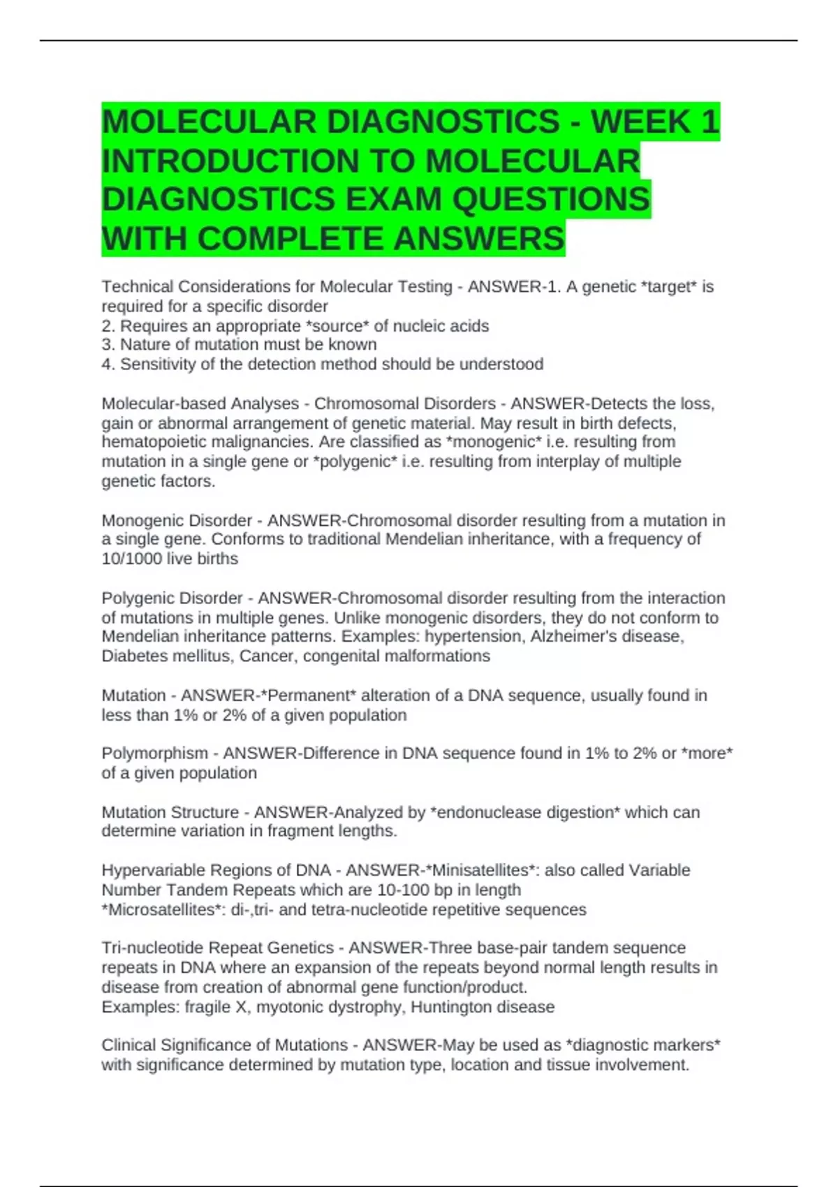 MOLECULAR DIAGNOSTICS - WEEK 1 INTRODUCTION TO MOLECULAR DIAGNOSTICS ...