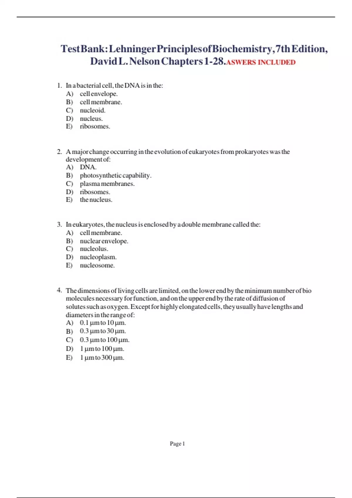 Test bank- Lehninger principles of biochemistry 7th edition David L ...