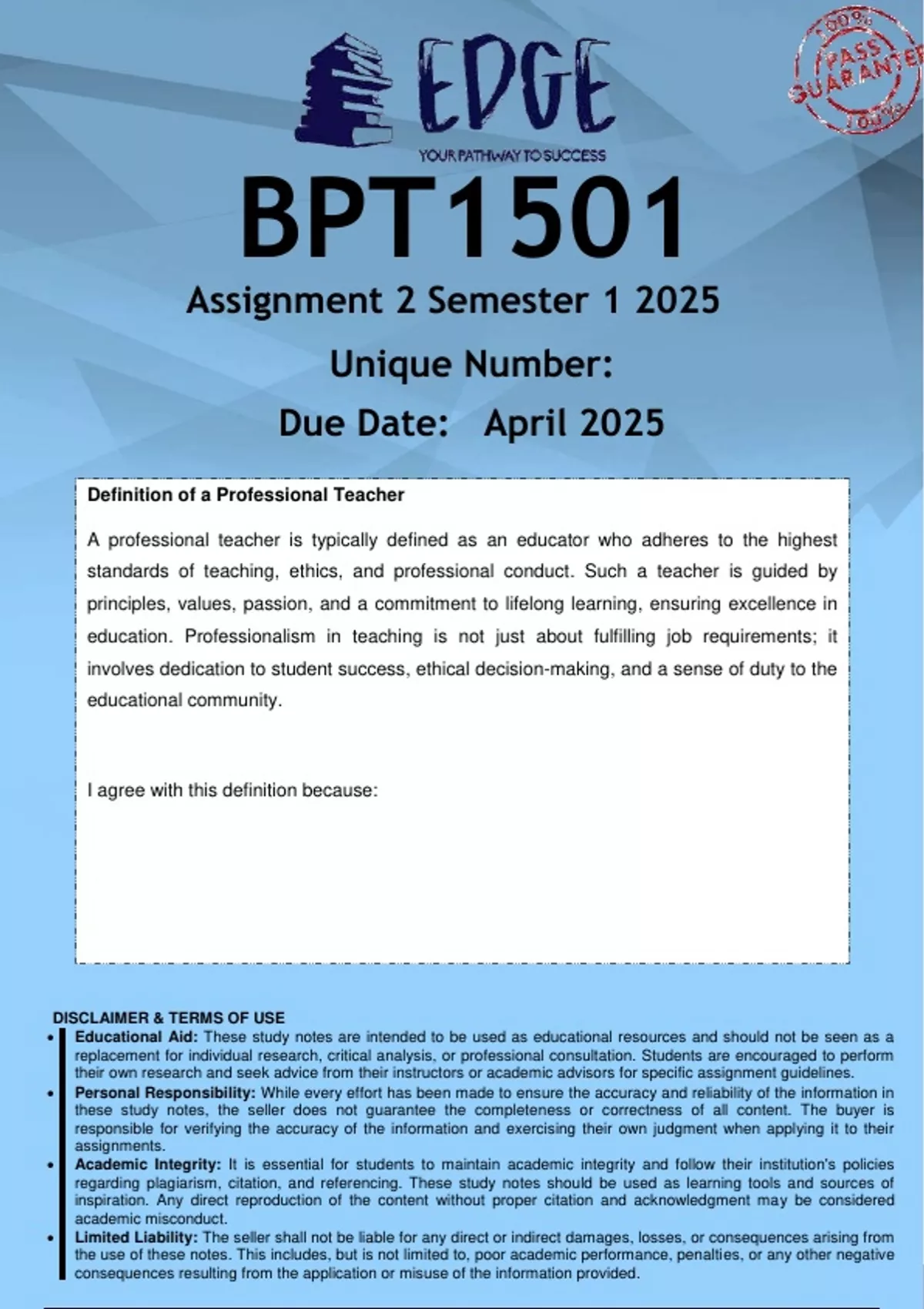 BPT1501 Assignment 2 (ANSWERS) Semester 1 2025 - DISTINCTION GUARANTEED ...