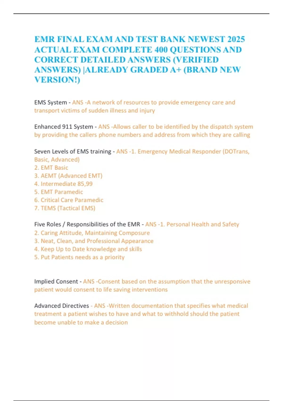 EMR FINAL EXAM AND TEST BANK NEWEST 2025 ACTUAL EXAM COMPLETE 400 ...