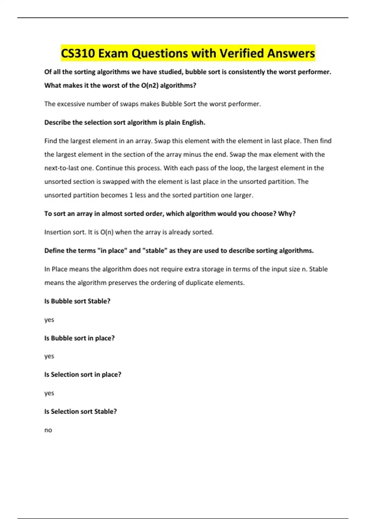CS310 Exam Questions with Verified Answers - CS310 - Stuvia US