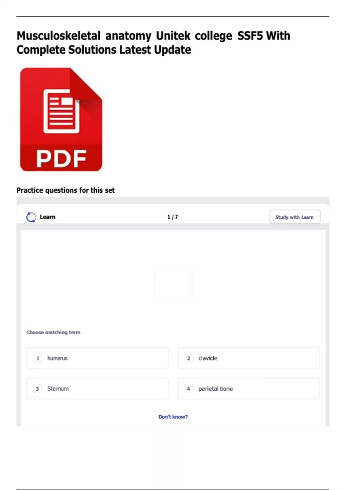 Musculoskeletal anatomy Unitek college SSF5 With Complete Solutions ...