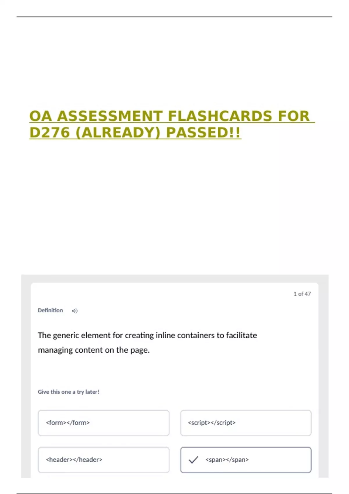 OA ASSESSMENT FLASHCARDS FOR D276 (ALREADY) PASSED!! - WGU D276 - Stuvia US