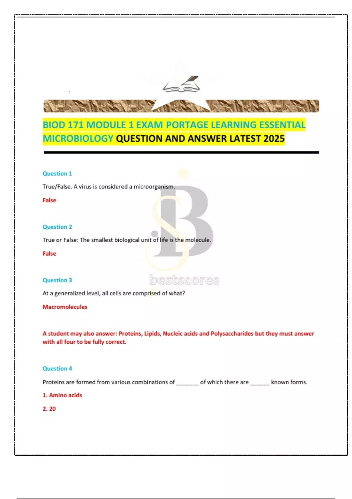 BIOD 171 MODULE 1 EXAM PORTAGE LEARNING ESSENTIAL MICROBIOLOGY QUESTION ...