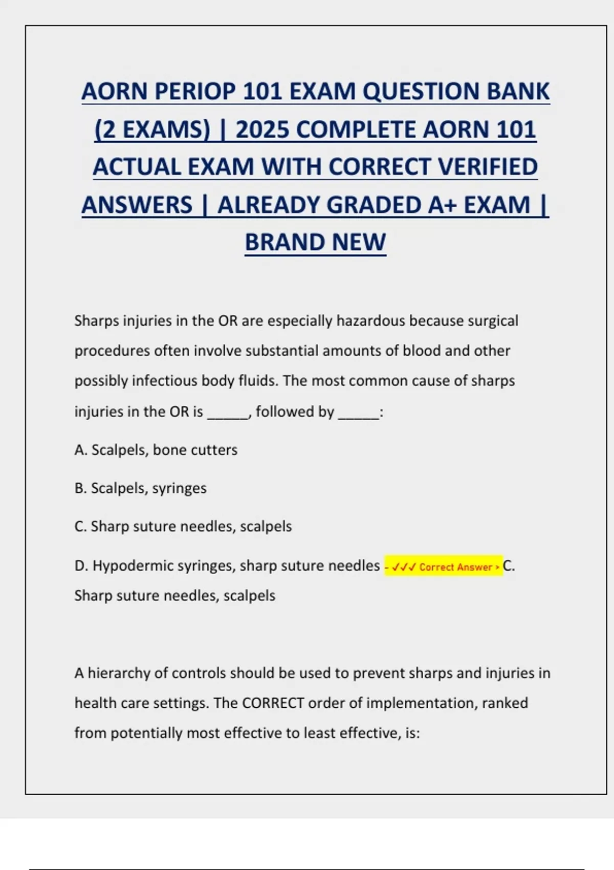 AORN PERIOP 101 EXAM QUESTION BANK (2 EXAMS) | 2025 COMPLETE AORN 101 ...