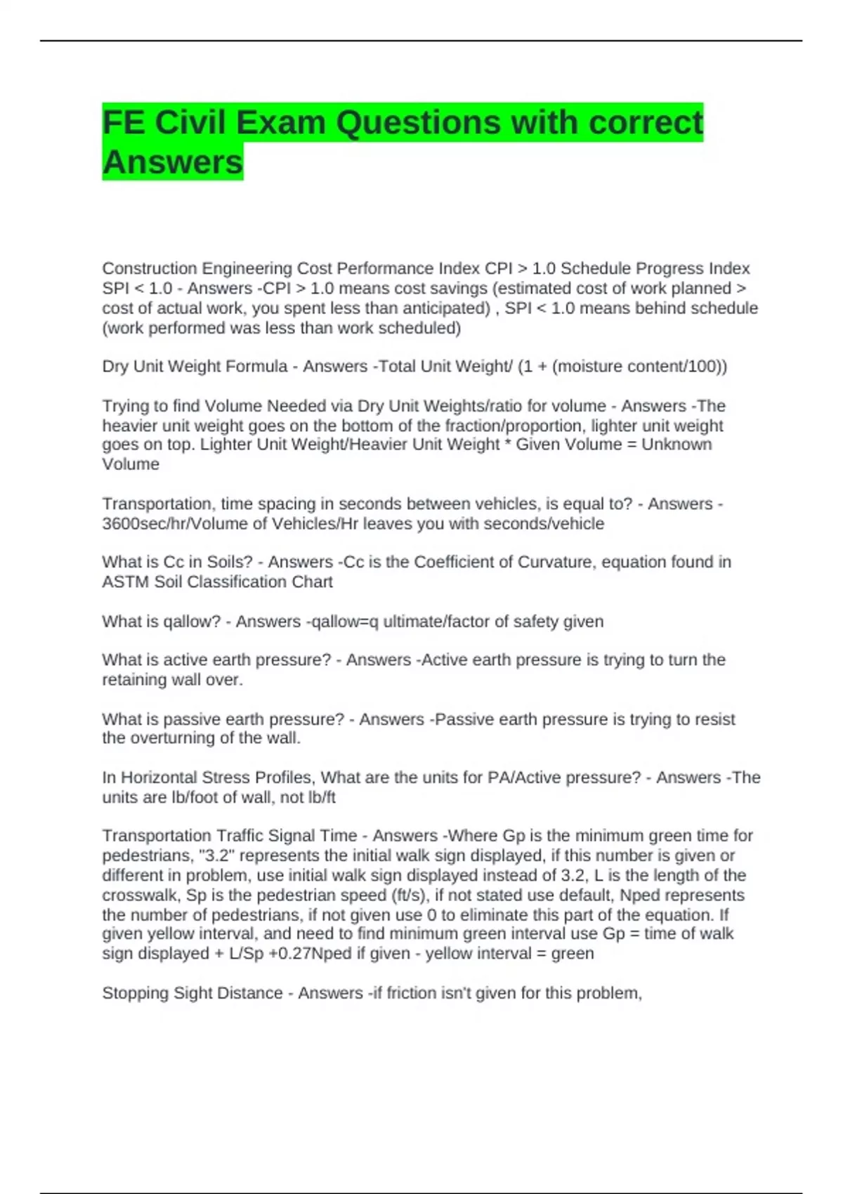 FE Civil Exam Questions with correct Answers - FE CIVIL - Stuvia US