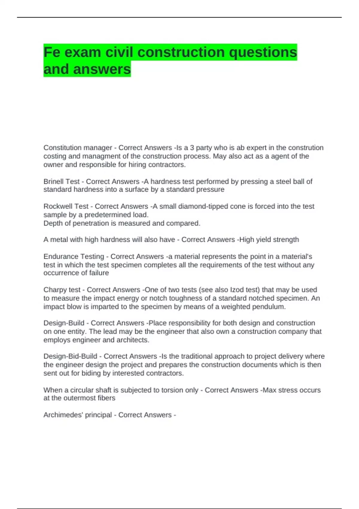 Fe exam civil construction questions and answers - FE Civil - Stuvia US