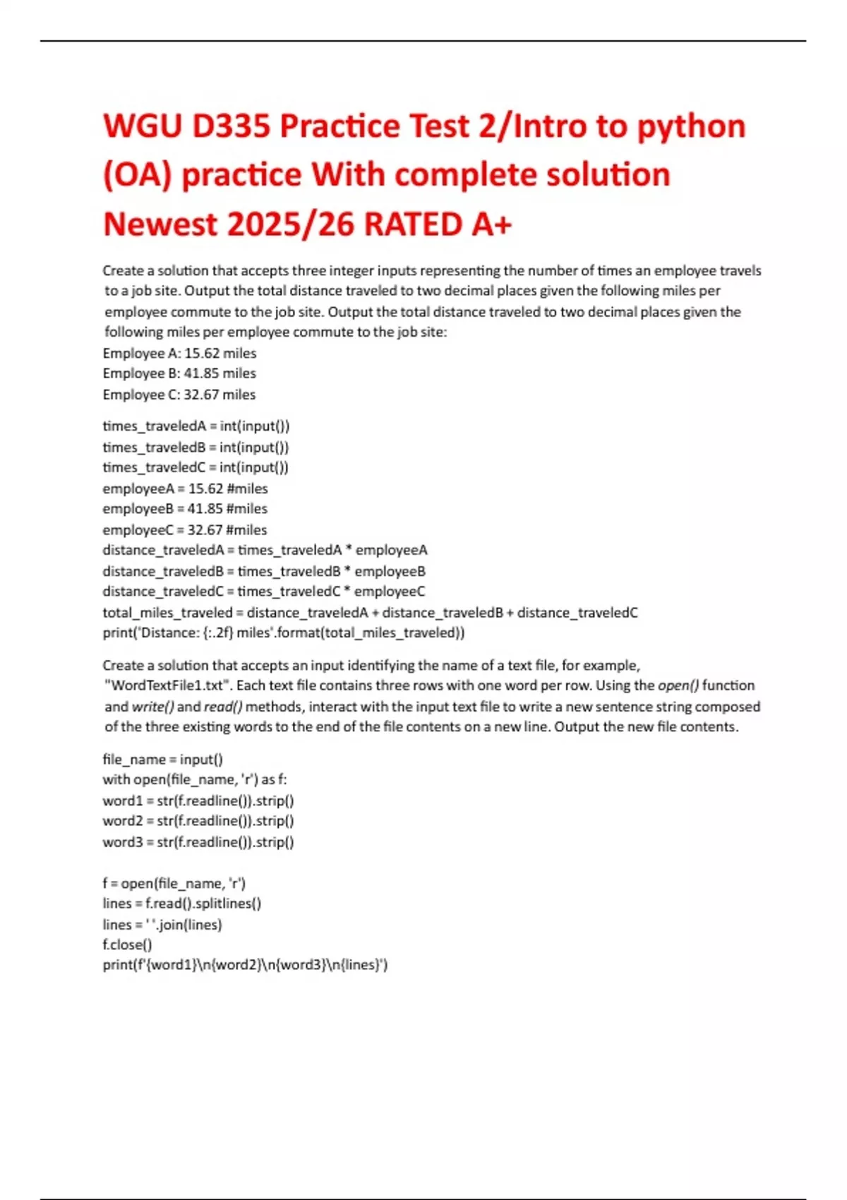 WGU D335 Practice Test 2/Intro to python (OA) practice With complete ...