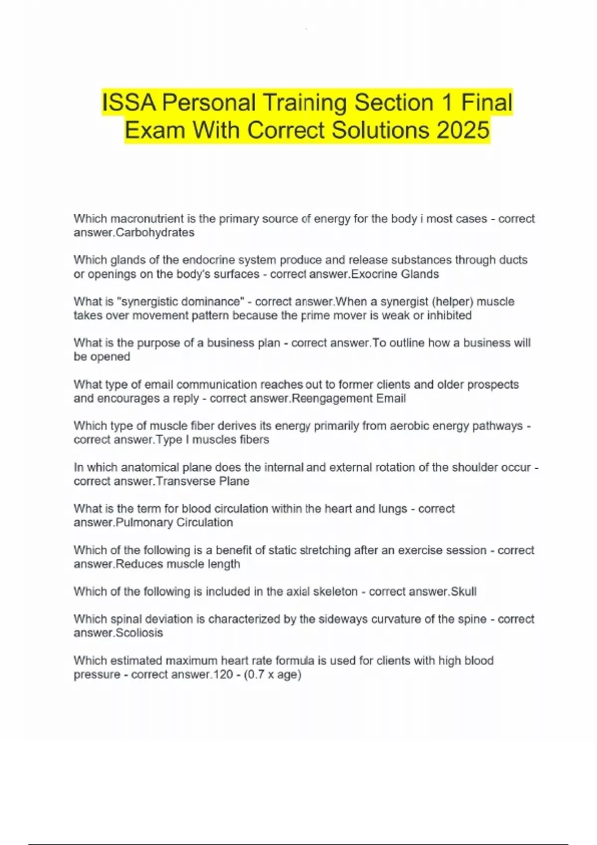ISSA Personal Training Section 1 Final Exam With Correct Solutions 2025 - ISSA Personal Training ...