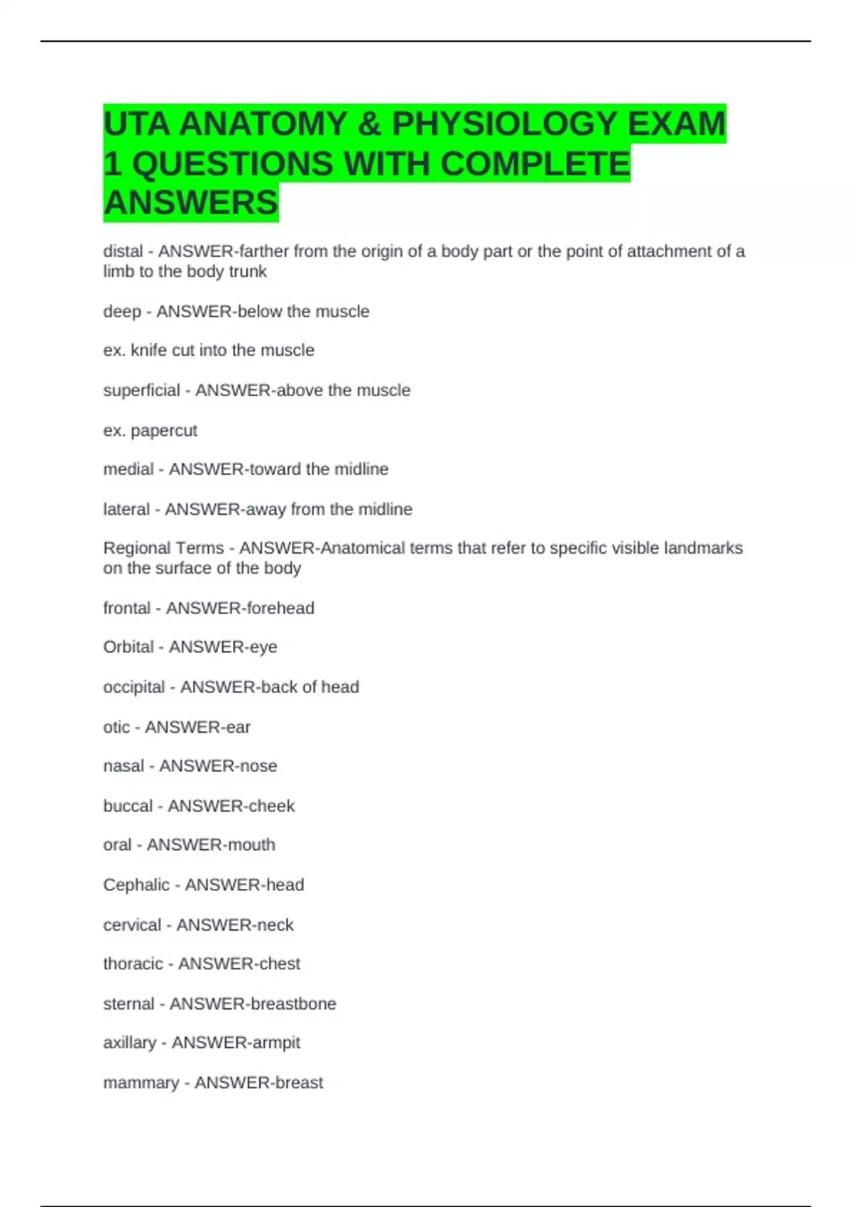 UTA ANATOMY & PHYSIOLOGY EXAM 1 QUESTIONS WITH COMPLETE ANSWERS - UTA ...