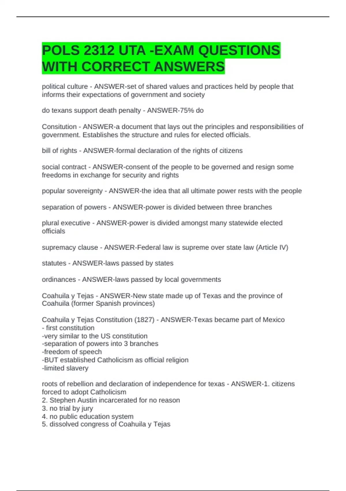 POLS 2312 UTA -EXAM QUESTIONS WITH CORRECT ANSWERS - UTA - Stuvia US